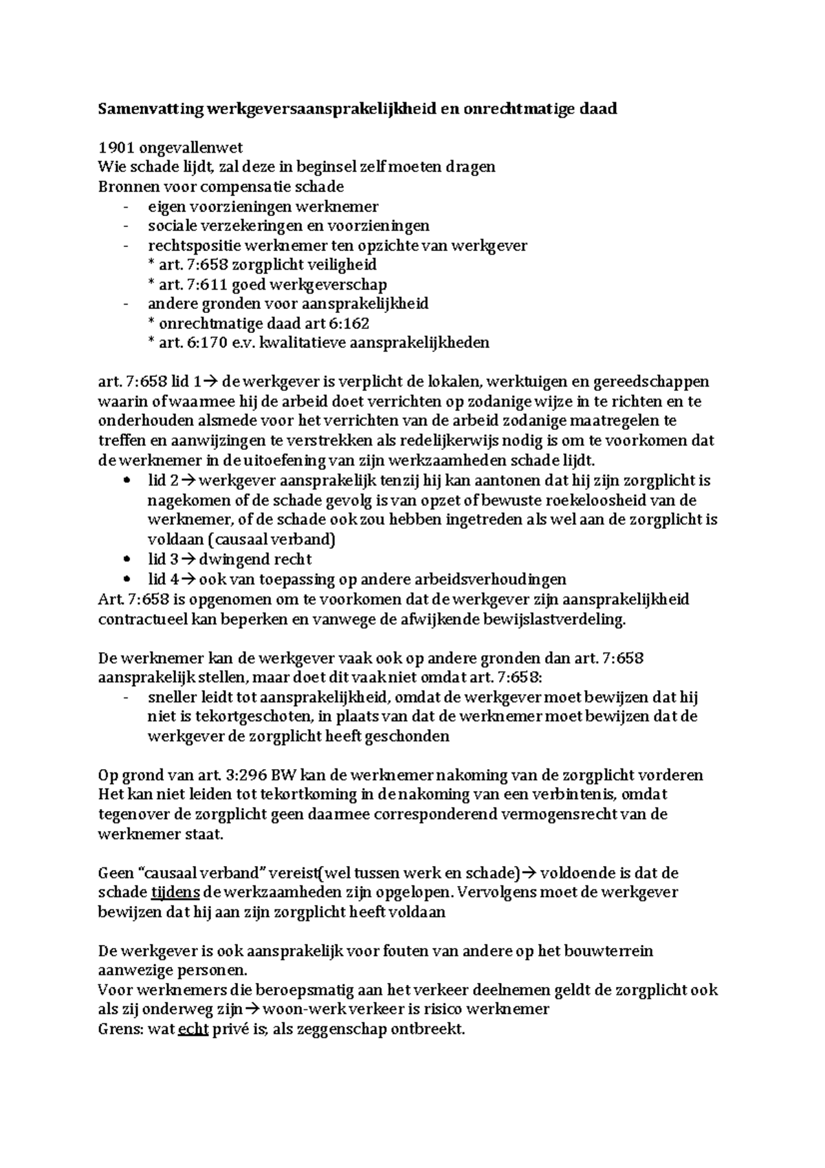 Samenvatting Aansprakelijkheid uit onrechtmatige daad en ...