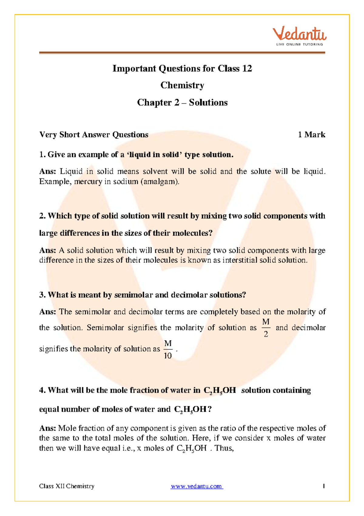 CBSE Class 12 Chemistry Chapter 2 - Solutions Important Questions 2022-23 - Important Questions ...