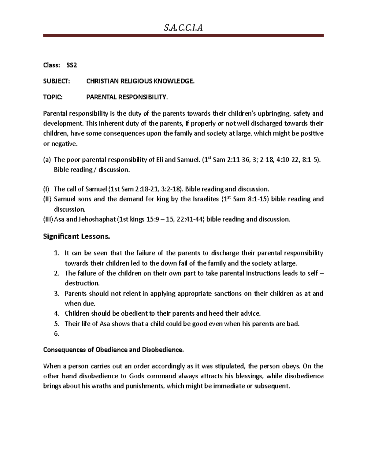 Christian-Religious-Knowledge-SS2 - S.A.C.C.I Class: SS SUBJECT ...