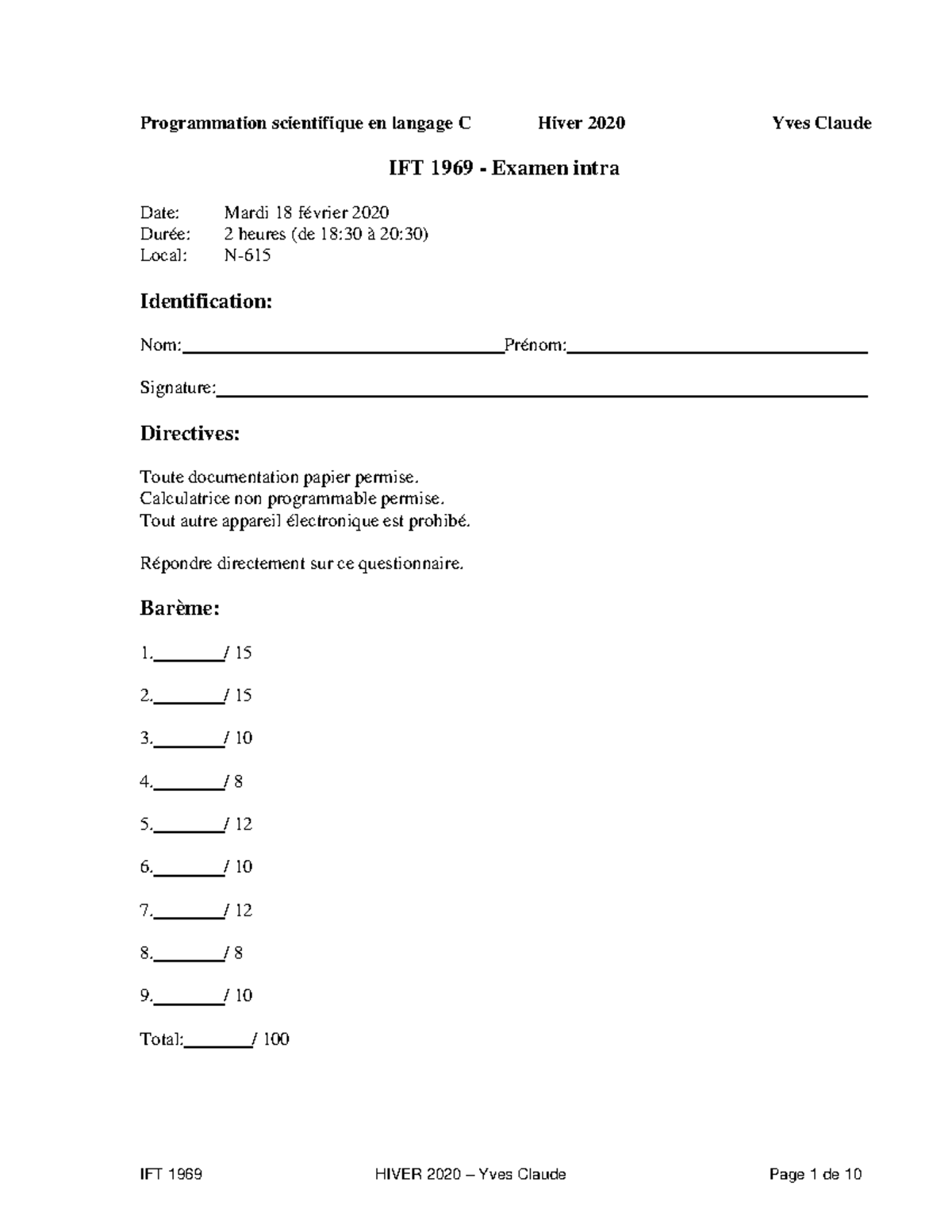 Intrah 2020 - intra - Programmation scientifique en langage C Hiver 2020 Yves Claude IFT 1969 ...