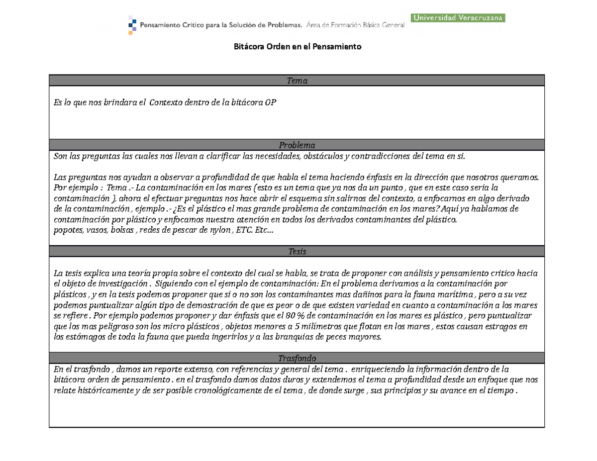 Bitacora OP , Comprension - Bitácora Orden en el Pensamiento Tema Es lo ...