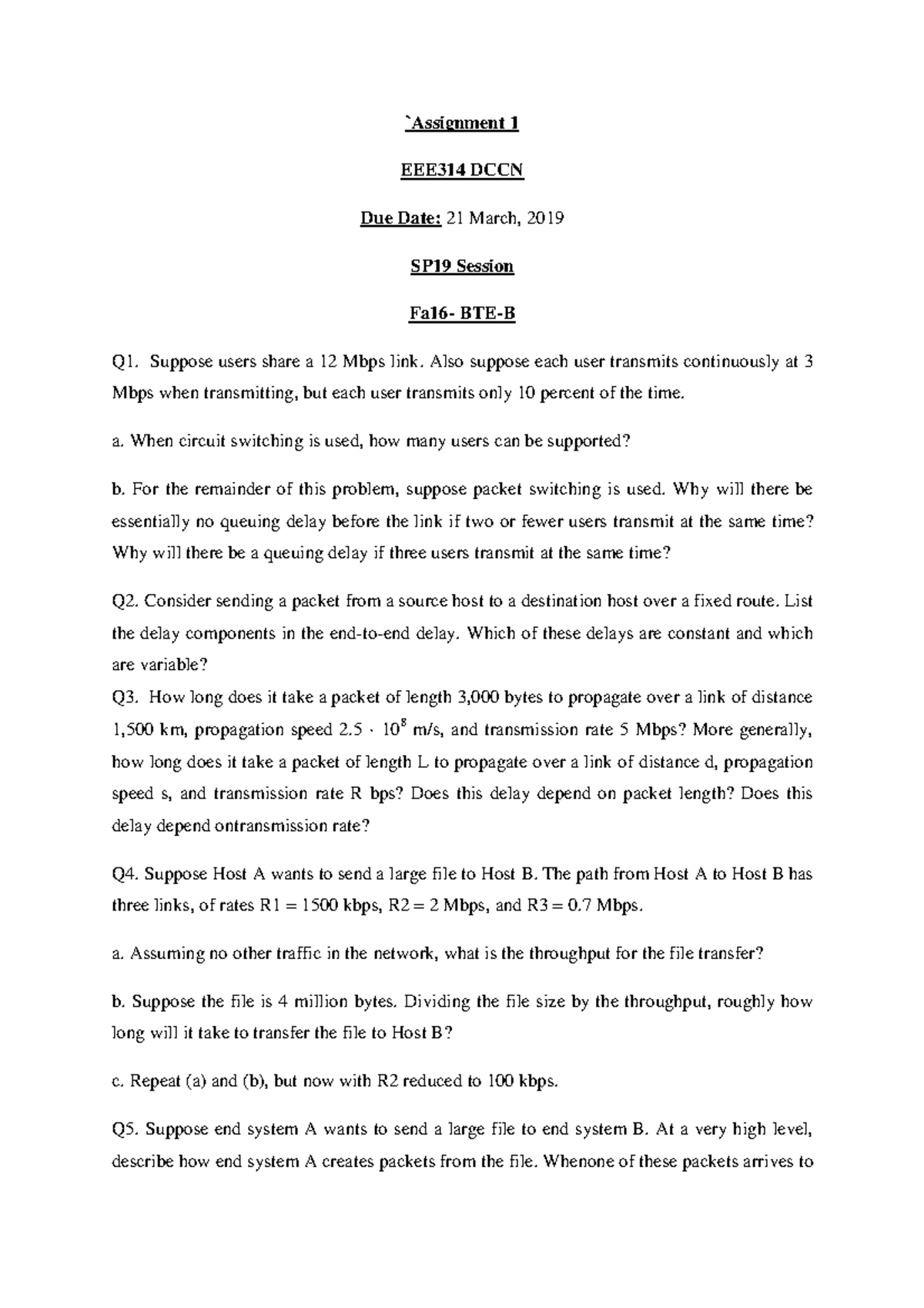 Assignment 1 classversion - `Assignment 1 EEE314 DCCN Due Date: 21 ...