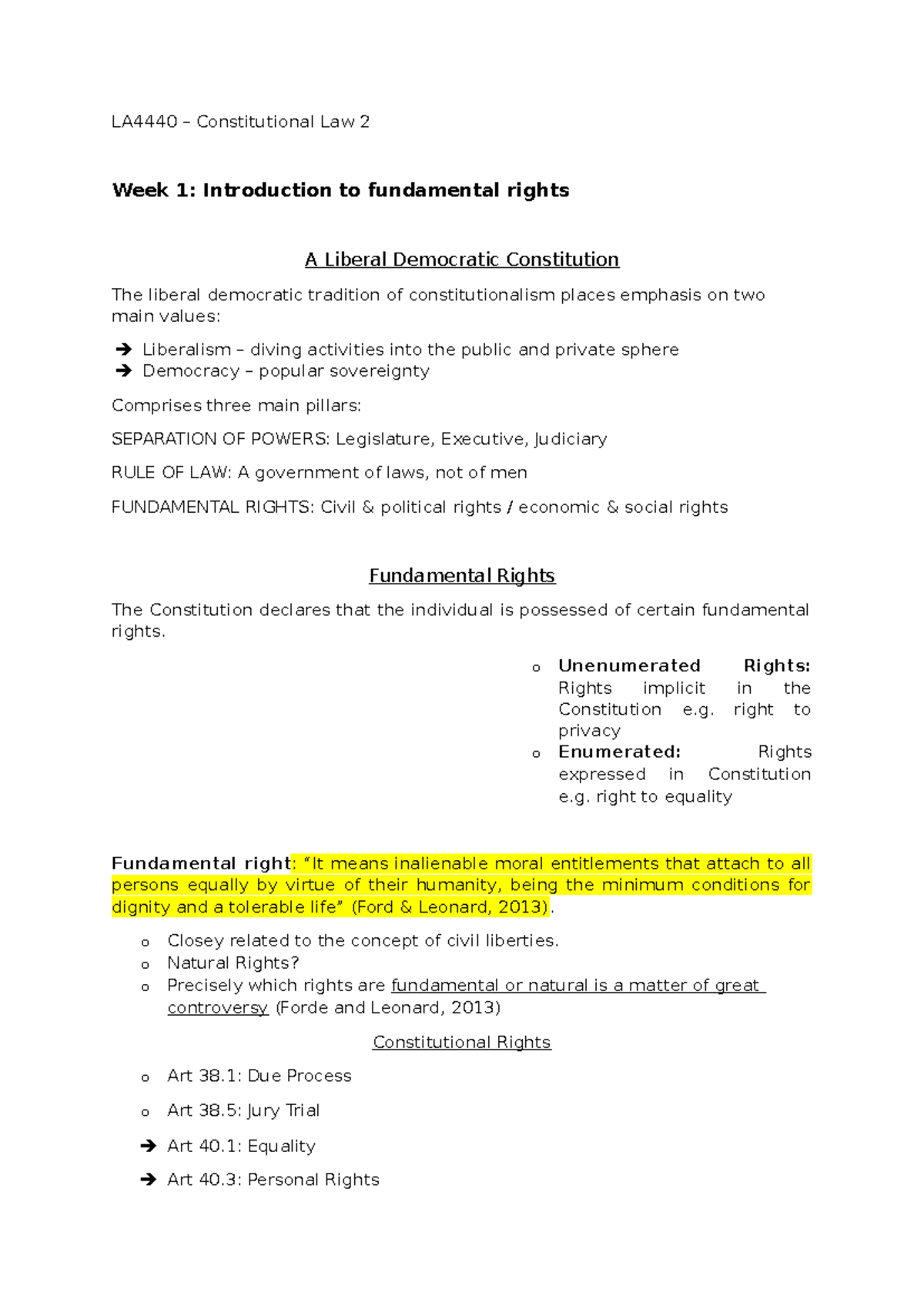 LA4440 sem2 2024 - Lecture and reading notes from Constitutional Law II ...