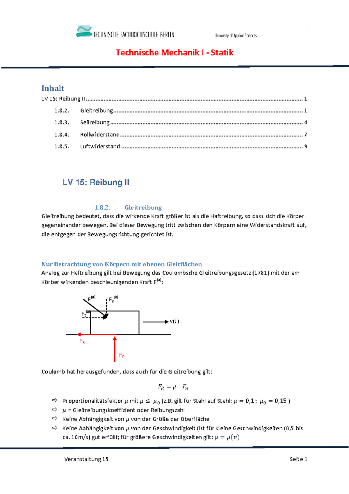 TM 1 LV 15 Reibung 2 - Punkte für die Klausur - Technische Mechanik I - Statik Inhalt LV 15 ...
