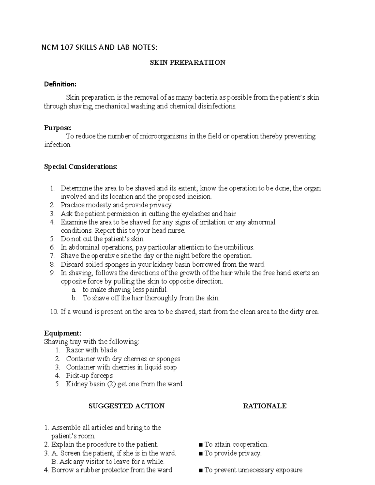 NCM 107 Skills AND LAB Notes - NCM 107 SKILLS AND LAB NOTES: SKIN ...