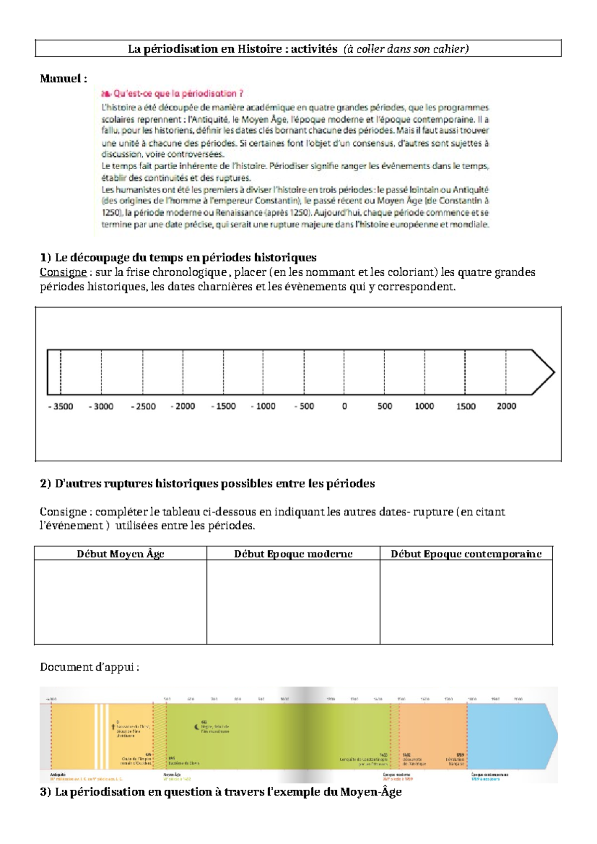 La périodisation fiche élève 3 - La périodisation en Histoire : activités (à coller dans son ...