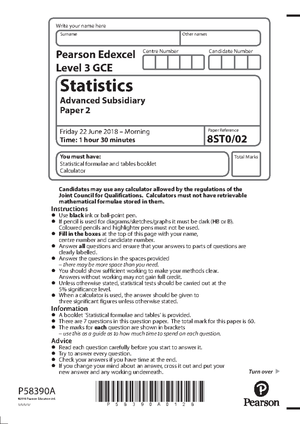 AS Statistics Paper 2 - June 2018 - Centre Number Candidate Number ...