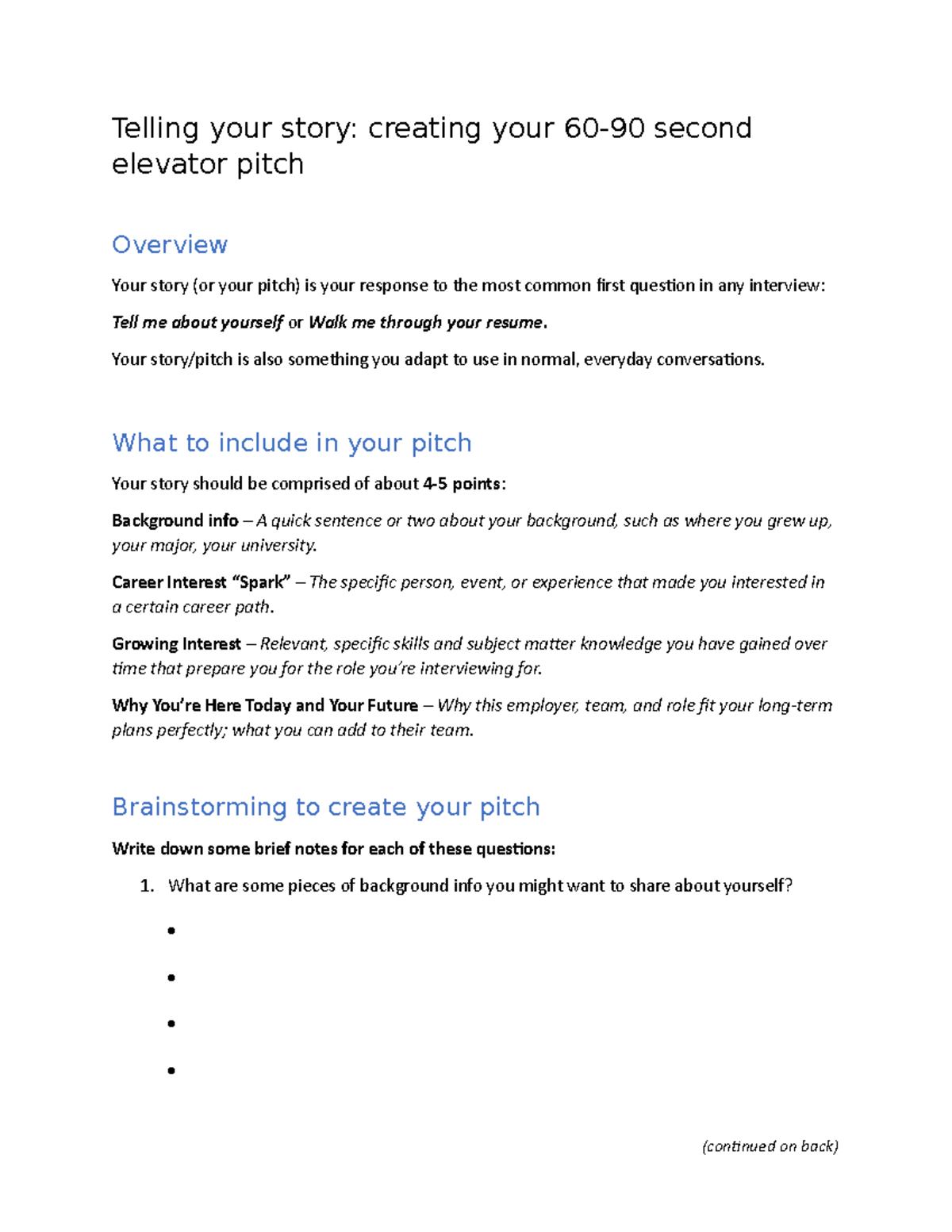 Pitch handout Fall 2019 - Telling your story: creating your 60-90 ...