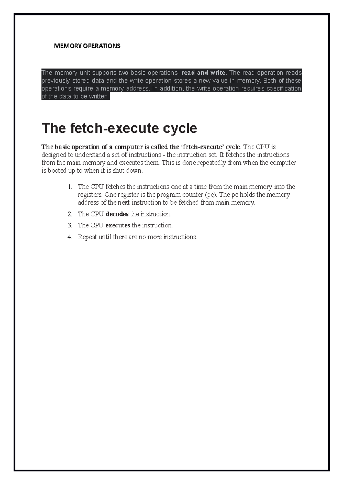 Memory Operations AND Addressing Modes IN Computer Architecture - MEMORY OPERATIONS The memory ...