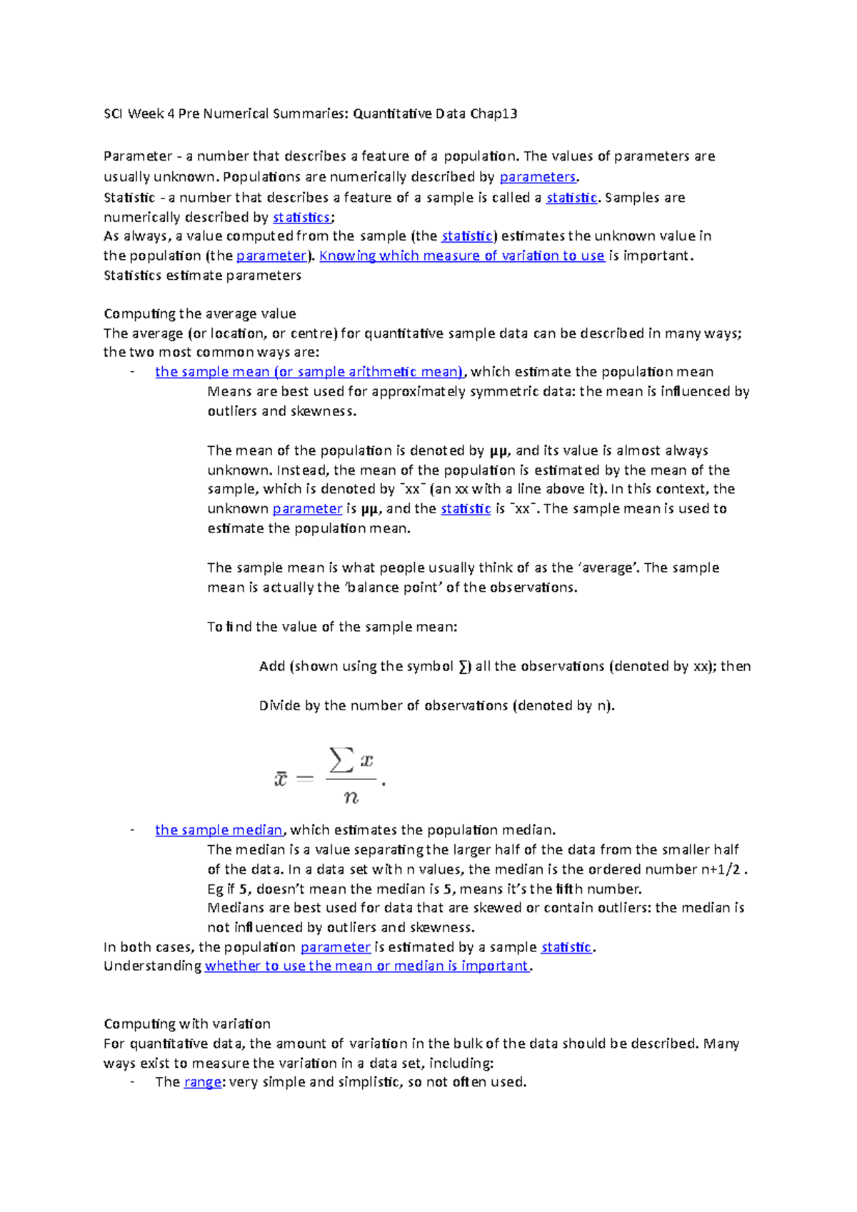 SCI Week 4 Pre Numerical Summaries - The values of parameters are usually unknown. Populations ...