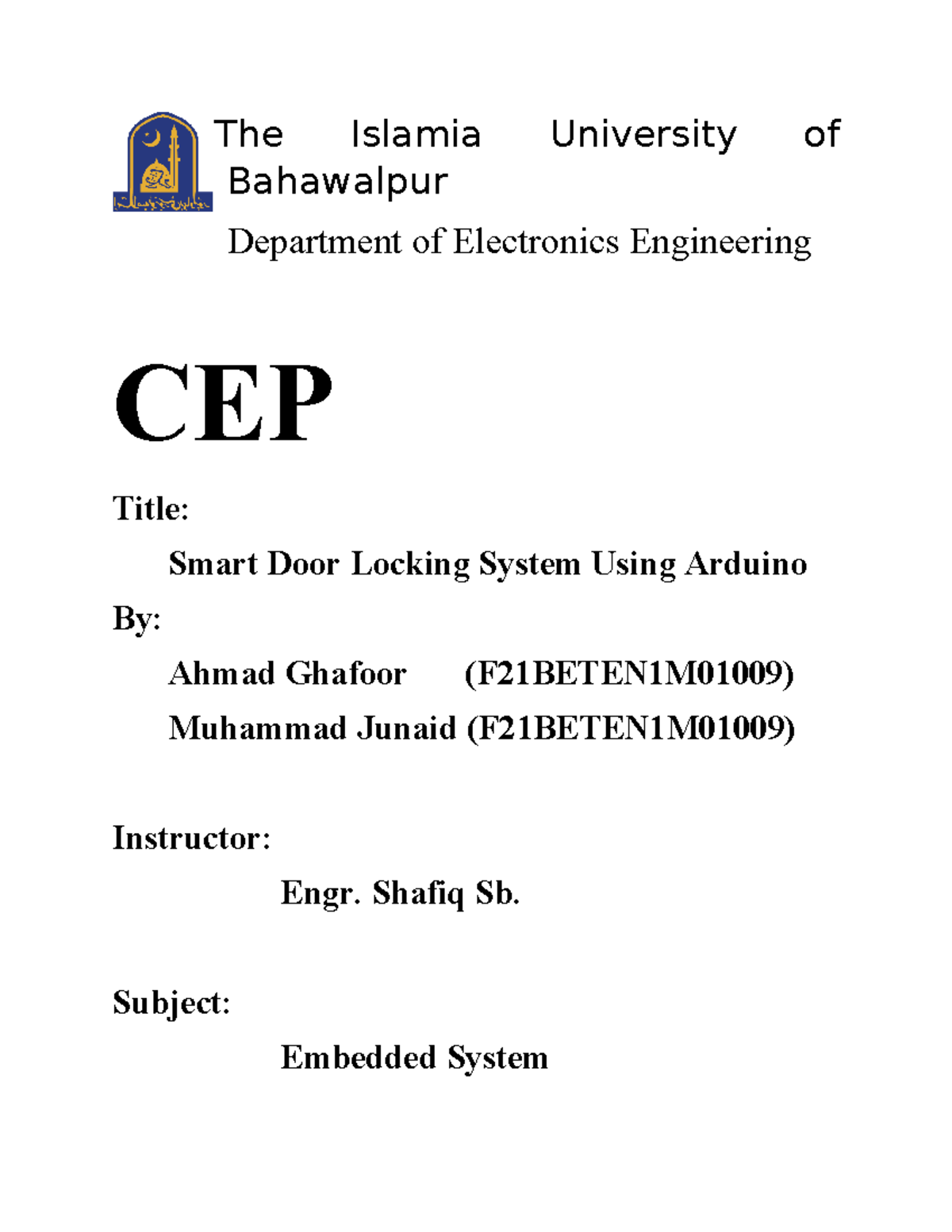 CEP Report Door Lock - The Islamia University of Bahawalpur Department ...