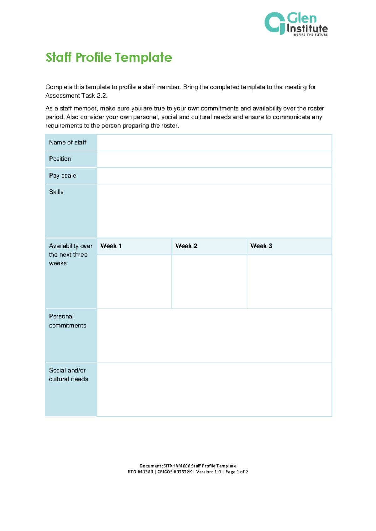 Sitxhrm 008 Staff Profile Template - Document: SITXHRM008 Staff Profile ...