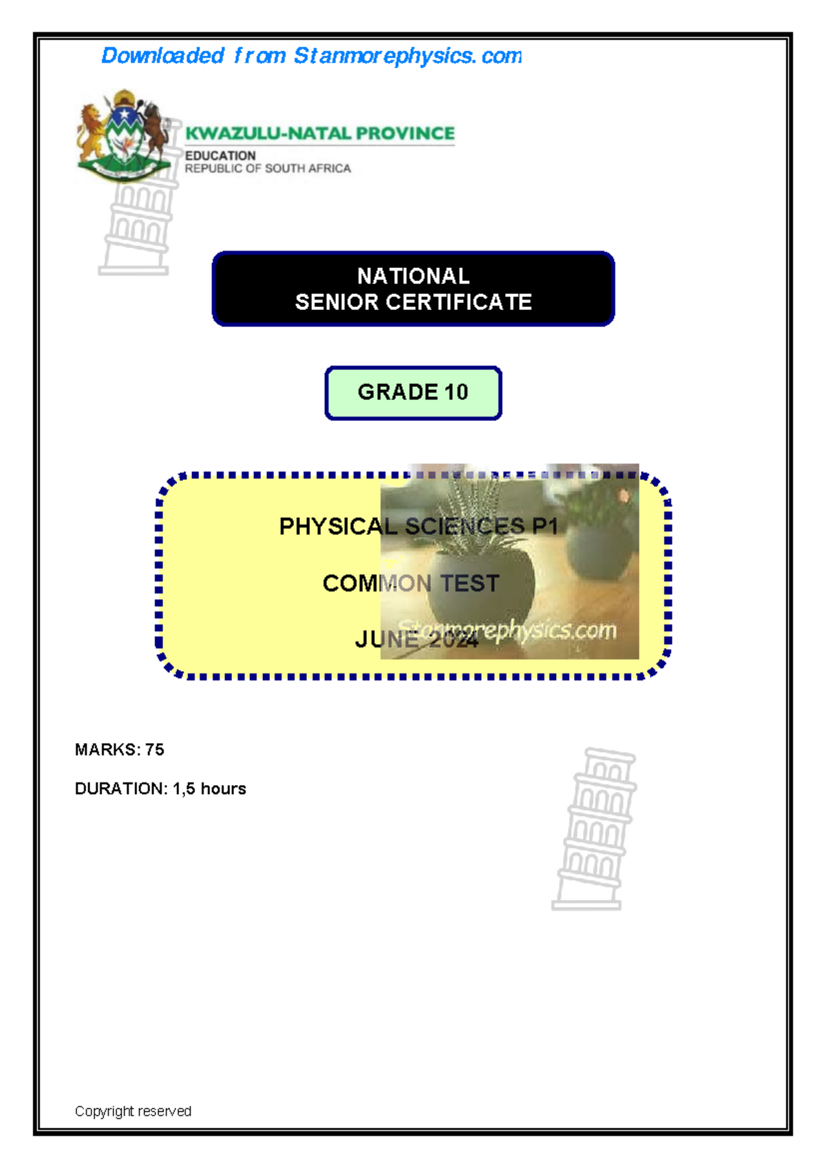 KZN Physical Science Grade 10 June 2024 P1 And Memo Copyright kzn-physical-science-grade-10-june-2024-p1-and-memo-copyright