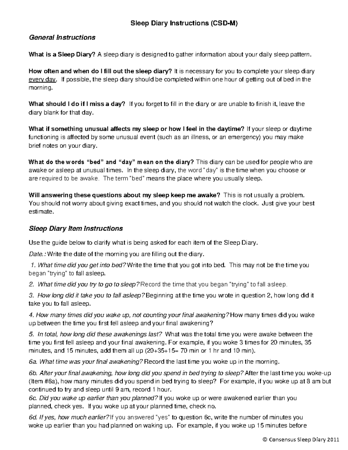 Consensus Sleep Diary Morning and instructions - Sleep Diary ...