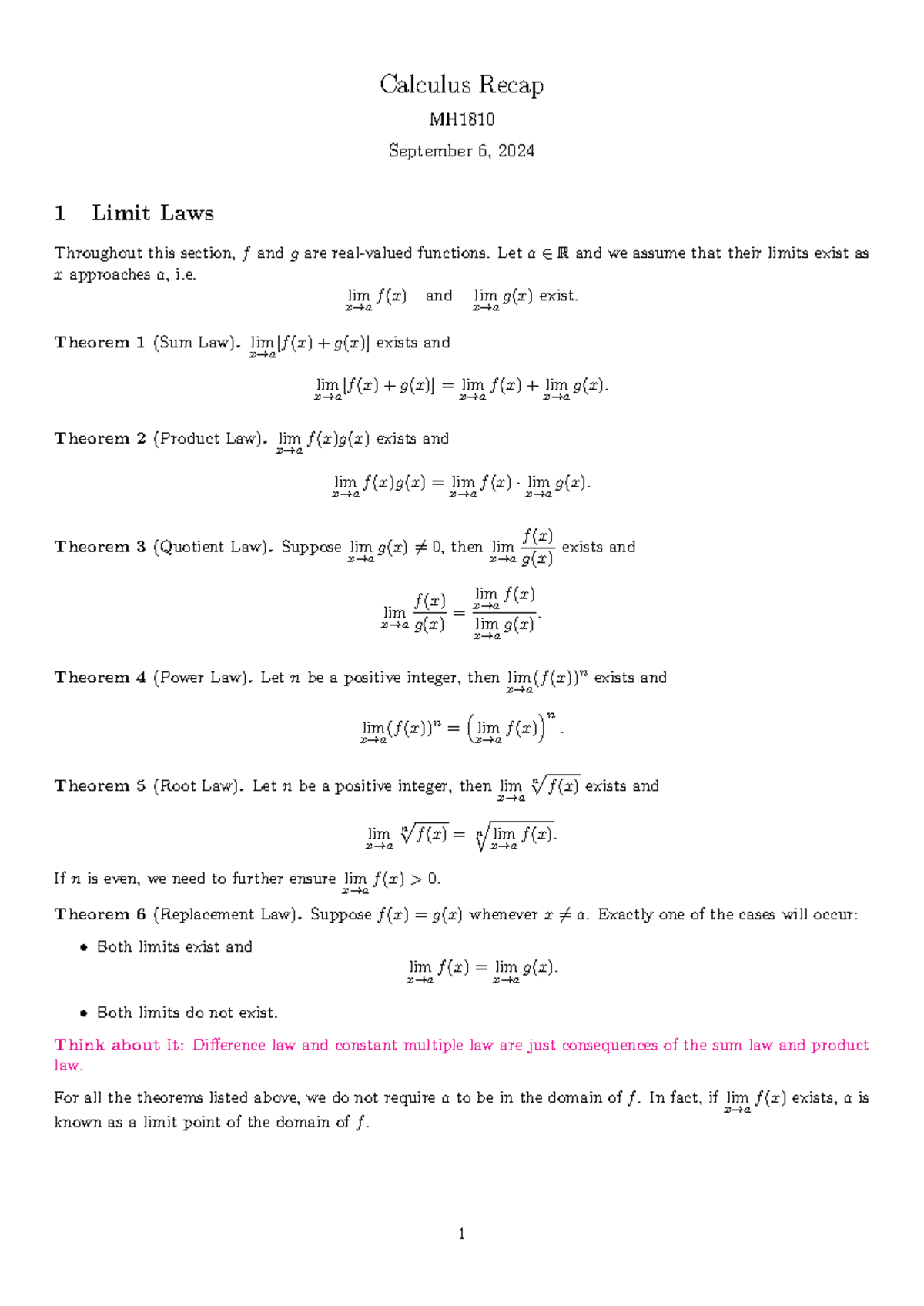 Calculus Recap - Summarised formulas - Calculus Recap MH September 6 ...