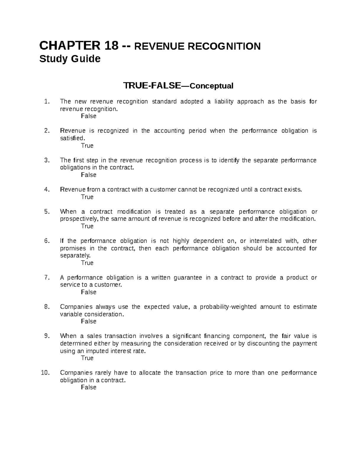 Chapter 18 Study Guide - CHAPTER 18 - REVENUE RECOGNITION Study Guide TRUE-FALSE—Conceptual The ...
