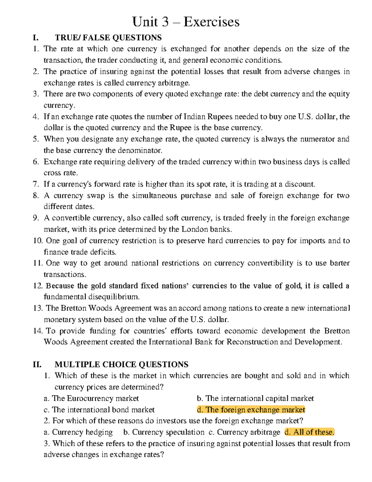 Unit 3 - Exercises to sts - Unit 3 – Exercises I. TRUE/ FALSE QUESTIONS The rate at which one ...