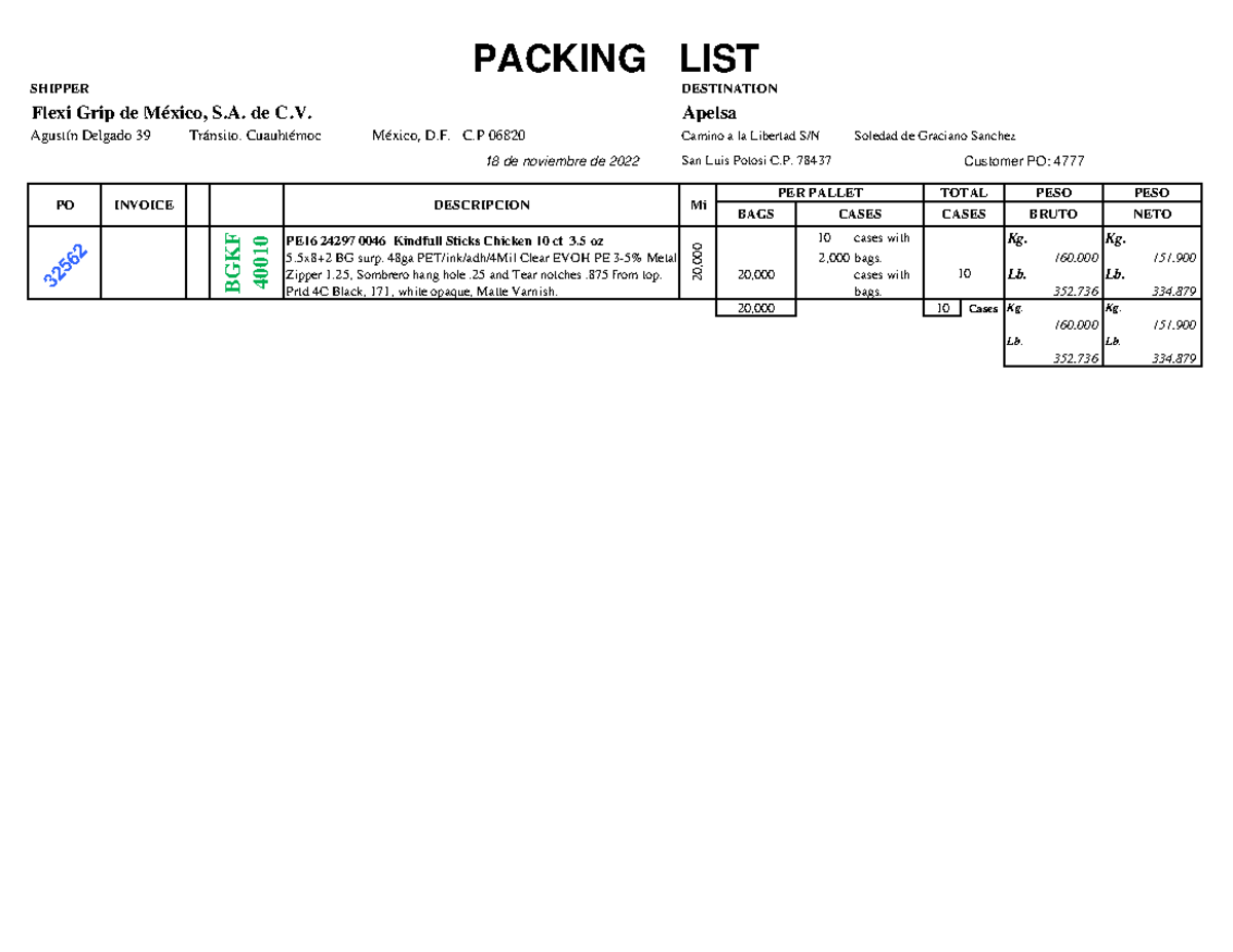 PE 16 24297 0046 - Personal - PACKING LIST Flexi Grip de México, S. de ...
