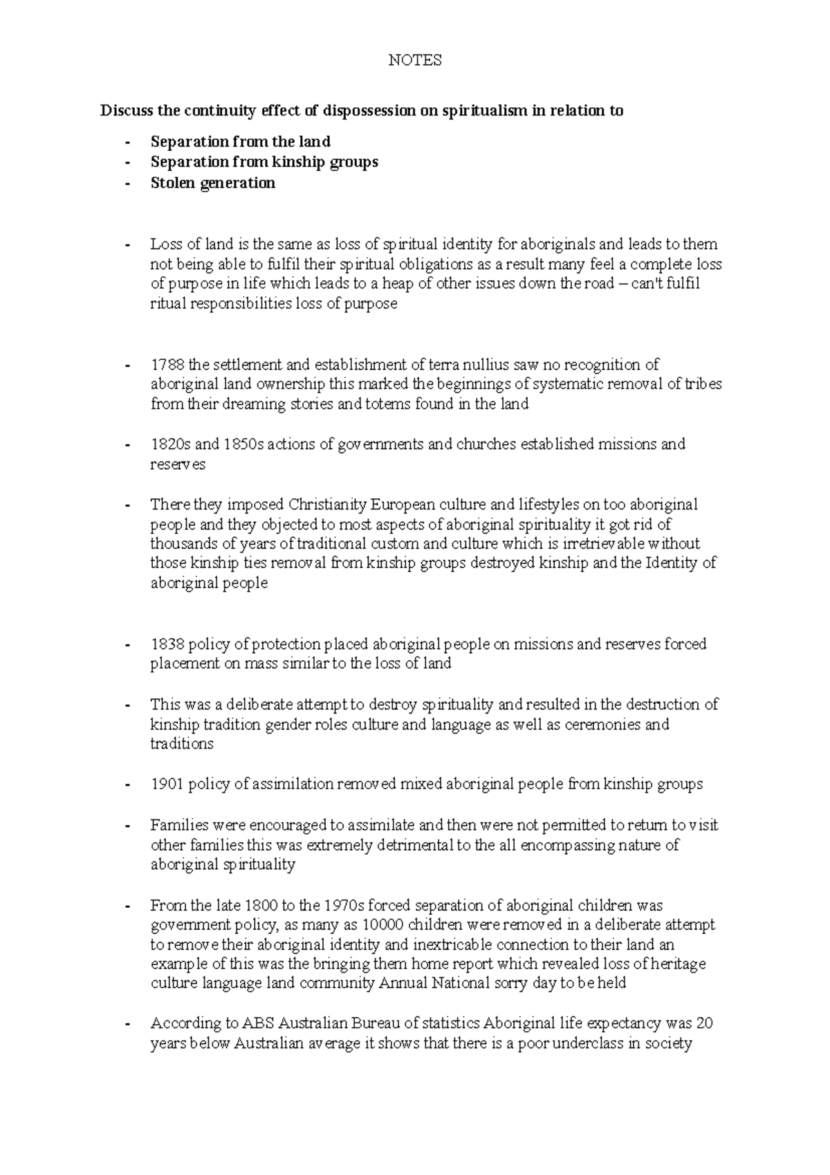 Notes - NOTES Discuss the continuity effect of dispossession on ...