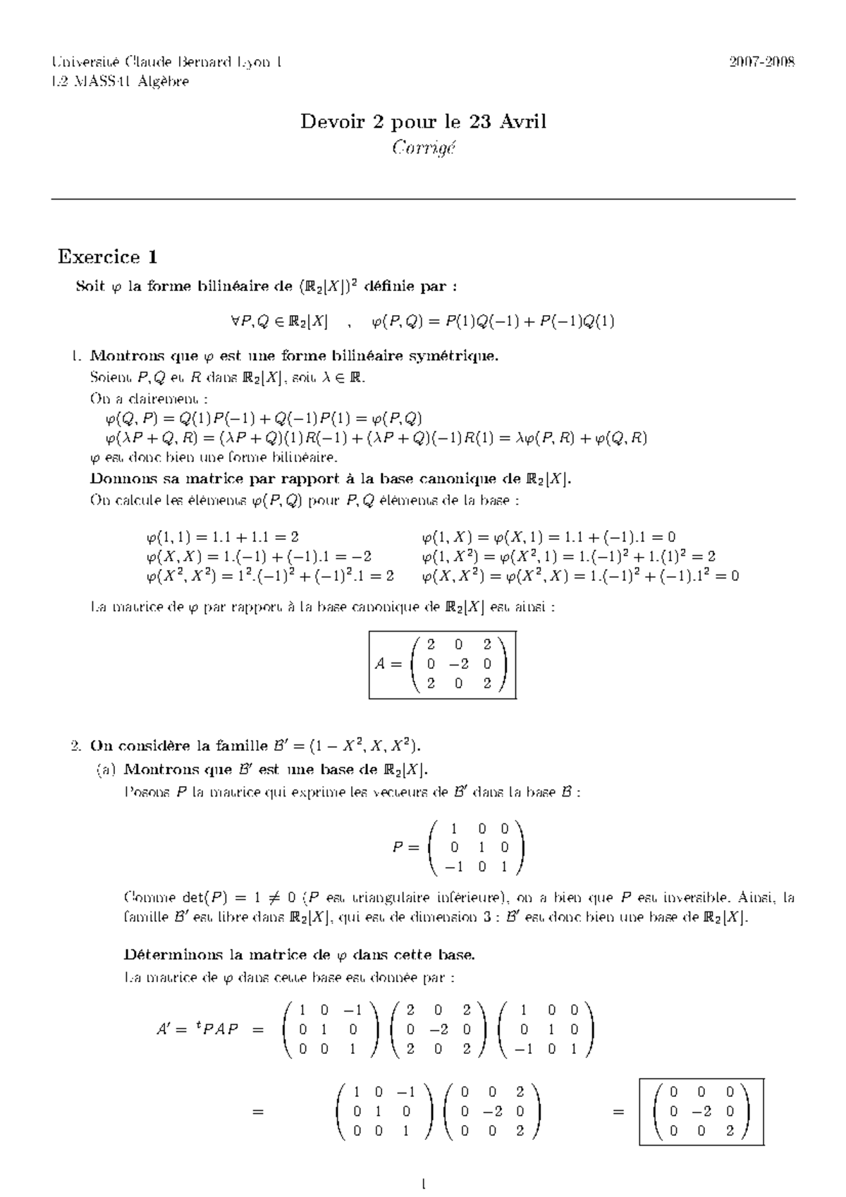DM2 pour le 23 04 Corrige - Université Claude Bernard Lyon 1 2007- L2 MASS41 Algèbre Devoir 2 ...