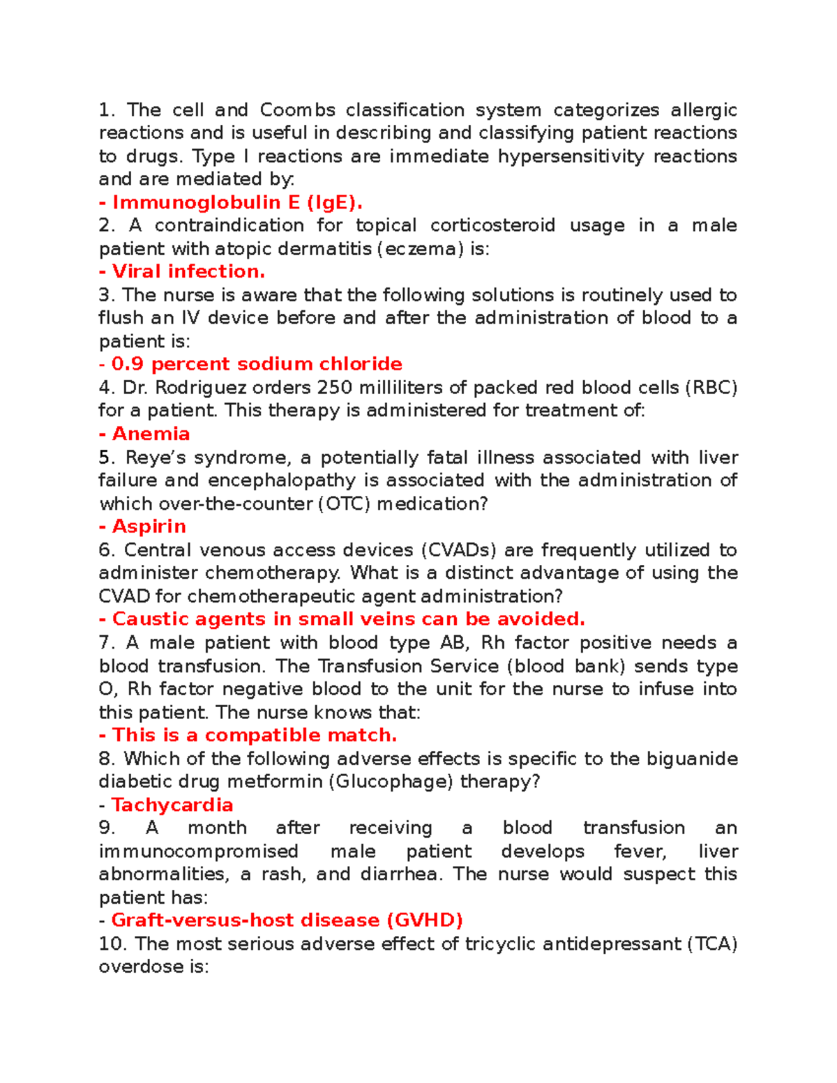 Pharmacology Review - The cell and Coombs classification system categorizes allergic reactions ...