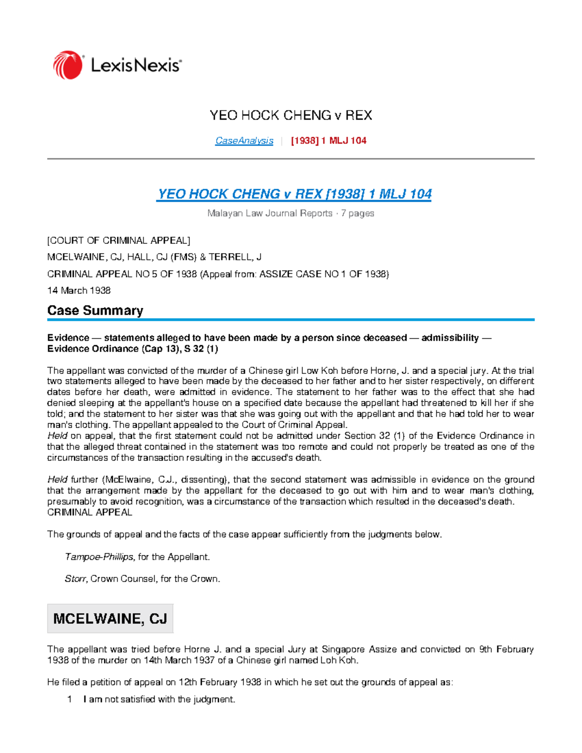 YEO HOCK Cheng v REX, [1938] 1 MLJ 104 - YEO HOCK CHENG v REX ...