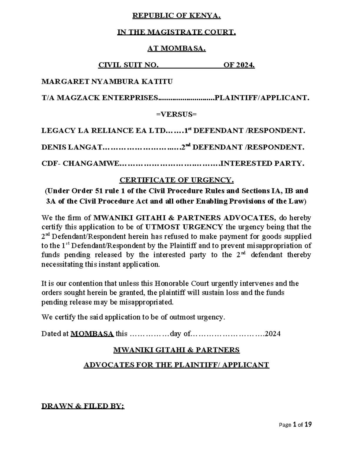 Cdf case new final - plaint - REPUBLIC OF KENYA. IN THE MAGISTRATE ...