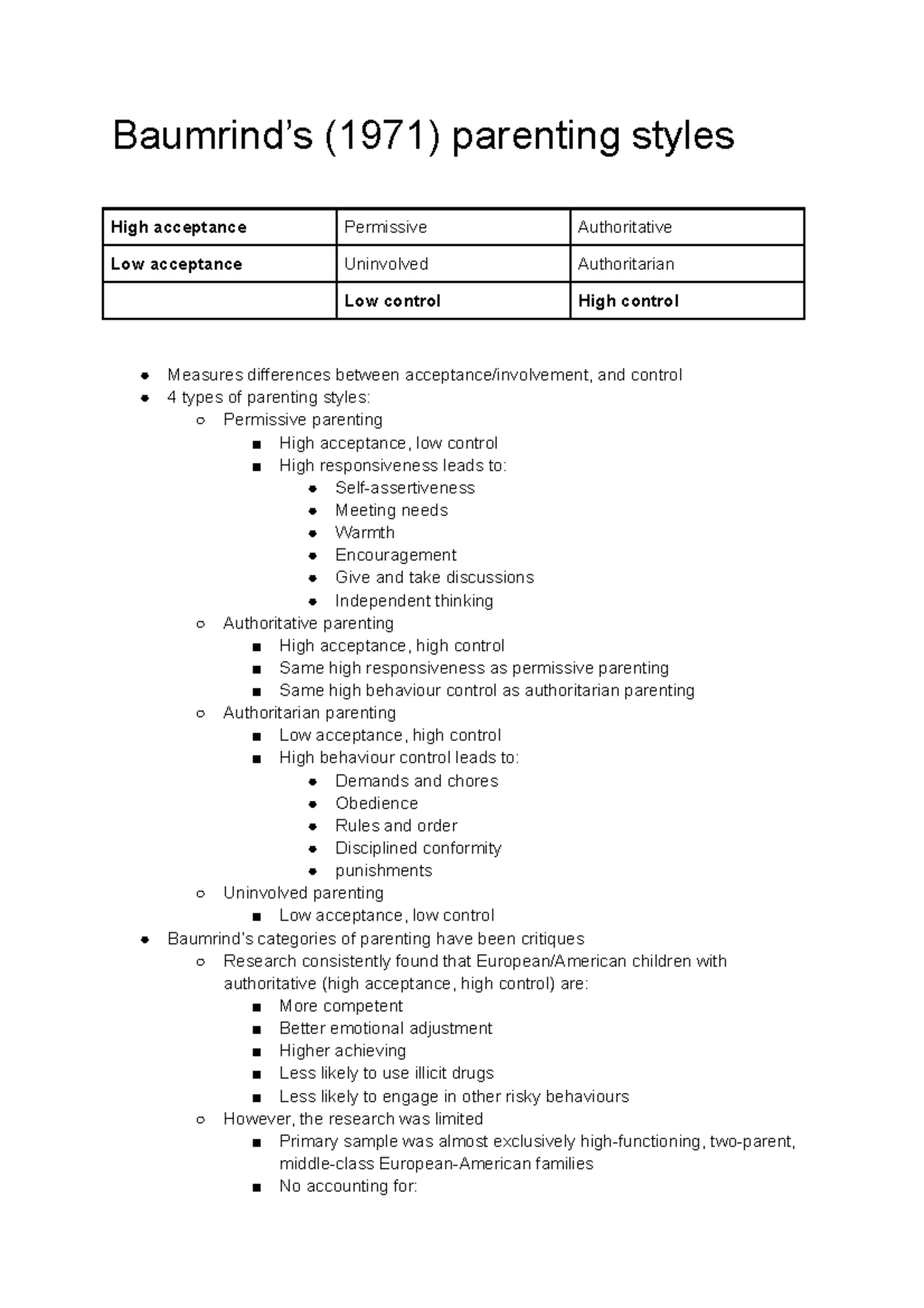 Baumrind’s (1971) parenting styles - Studocu