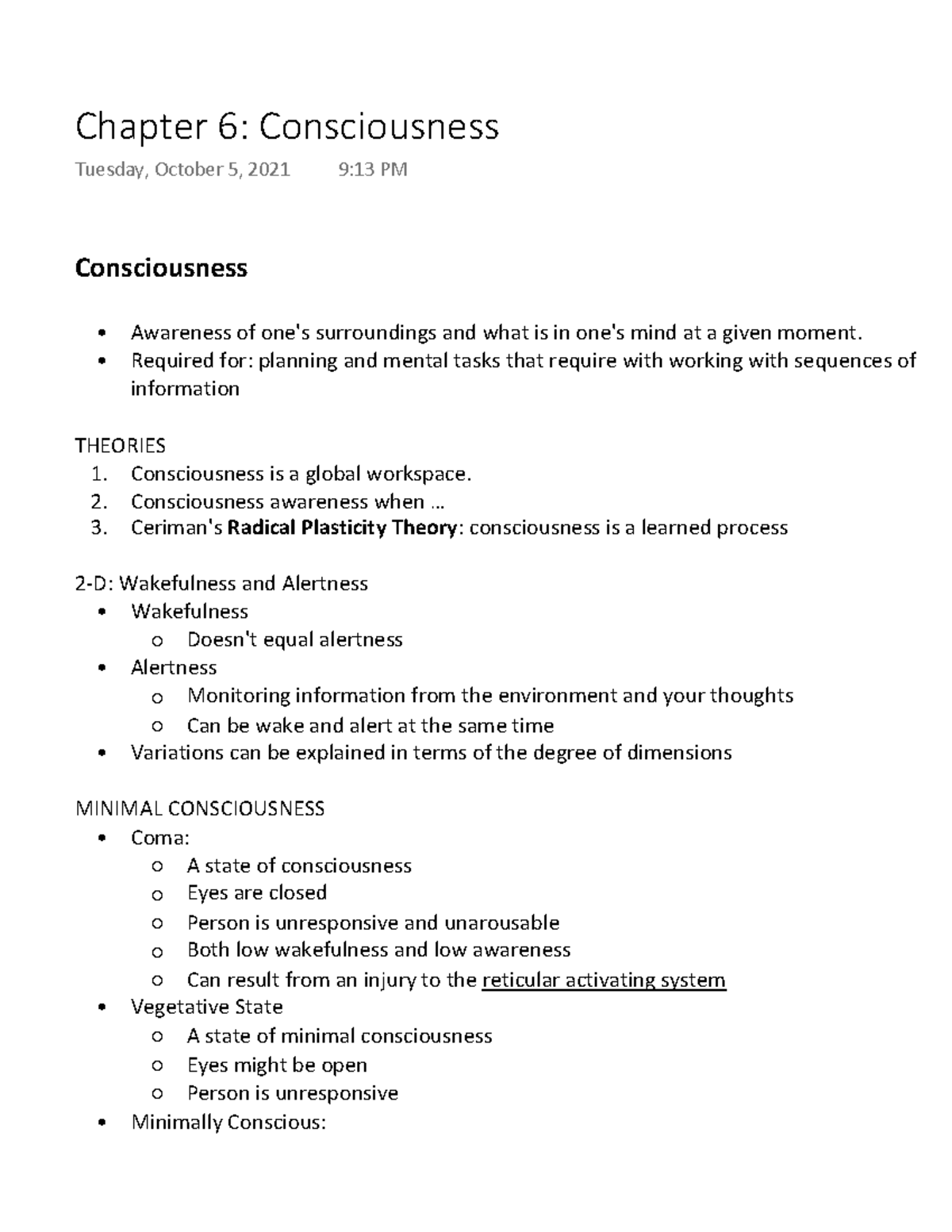 Chapter 6 Consciousness - Consciousness Awareness of one's surroundings and what is in one's ...
