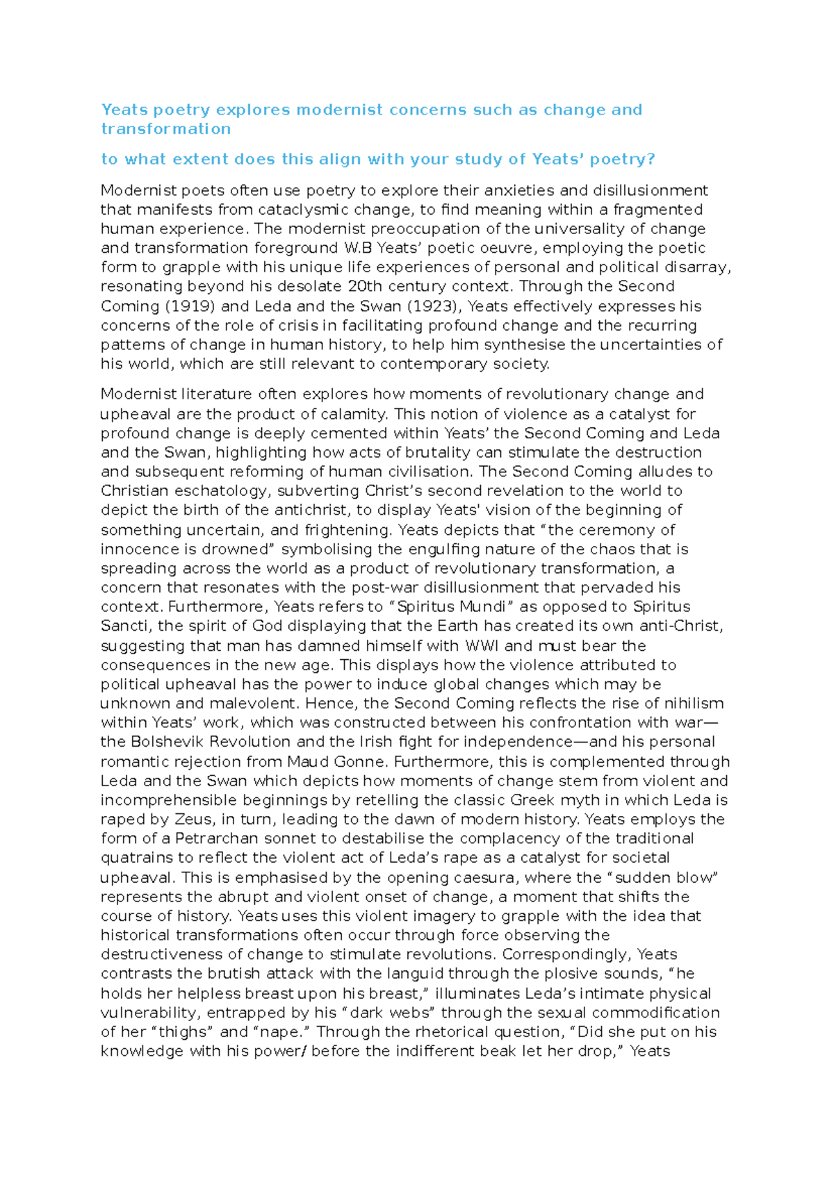 Change and Transformation essay - Yeats poetry explores modernist ...