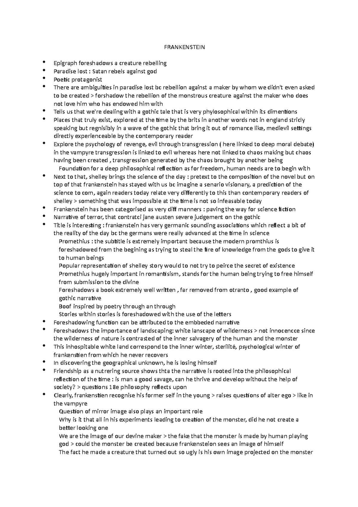 Frankenstein course notes - FRANKENSTEIN Epigraph foreshadows a ...