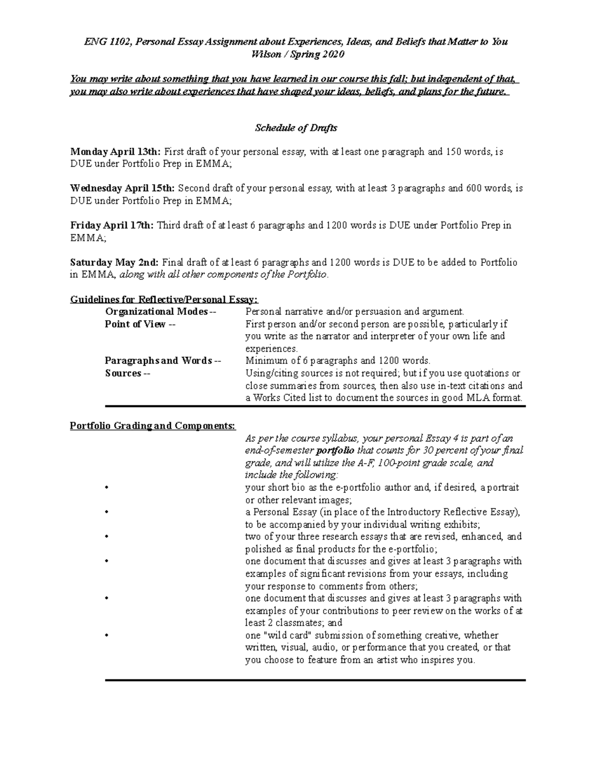 ENG 1102 Personal-Essay & Port Sp 20 - ENG 1102, Personal Essay ...