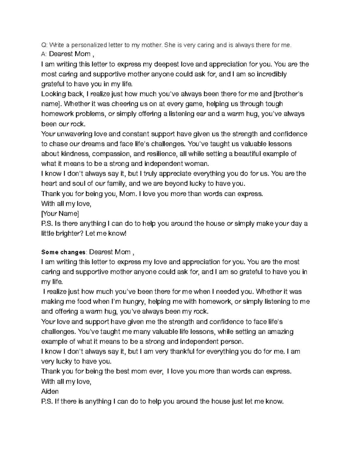 Brainstorm - efefefefef - Q: Write a personalized letter to my mother ...