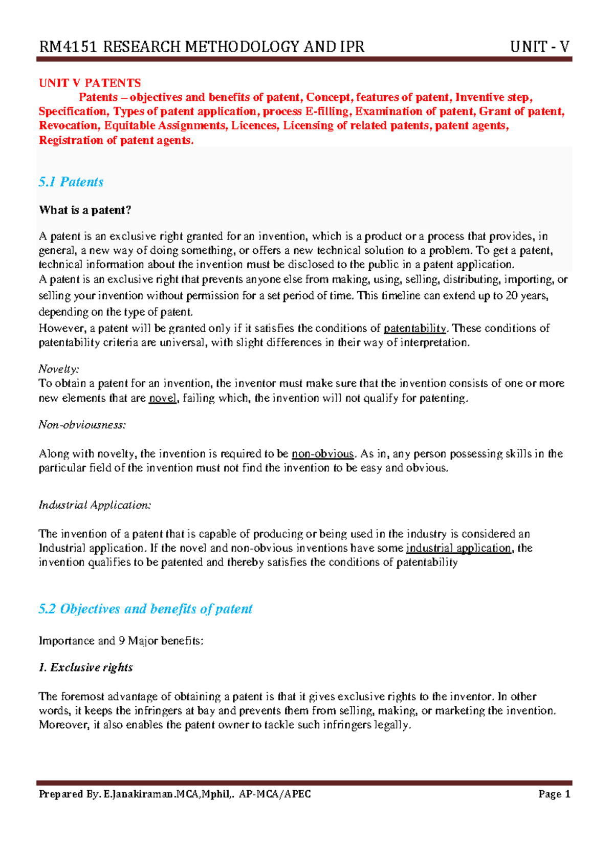 UNIT V Patents concept - UNIT V PATENTS Patents – objectives and ...