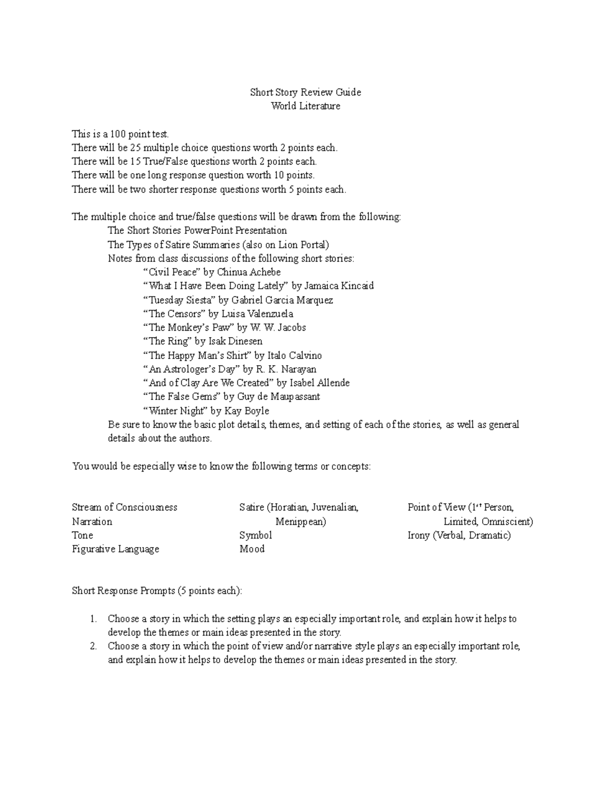 Short Story Review Guide For Test On Friday - Short Story Review Guide ...