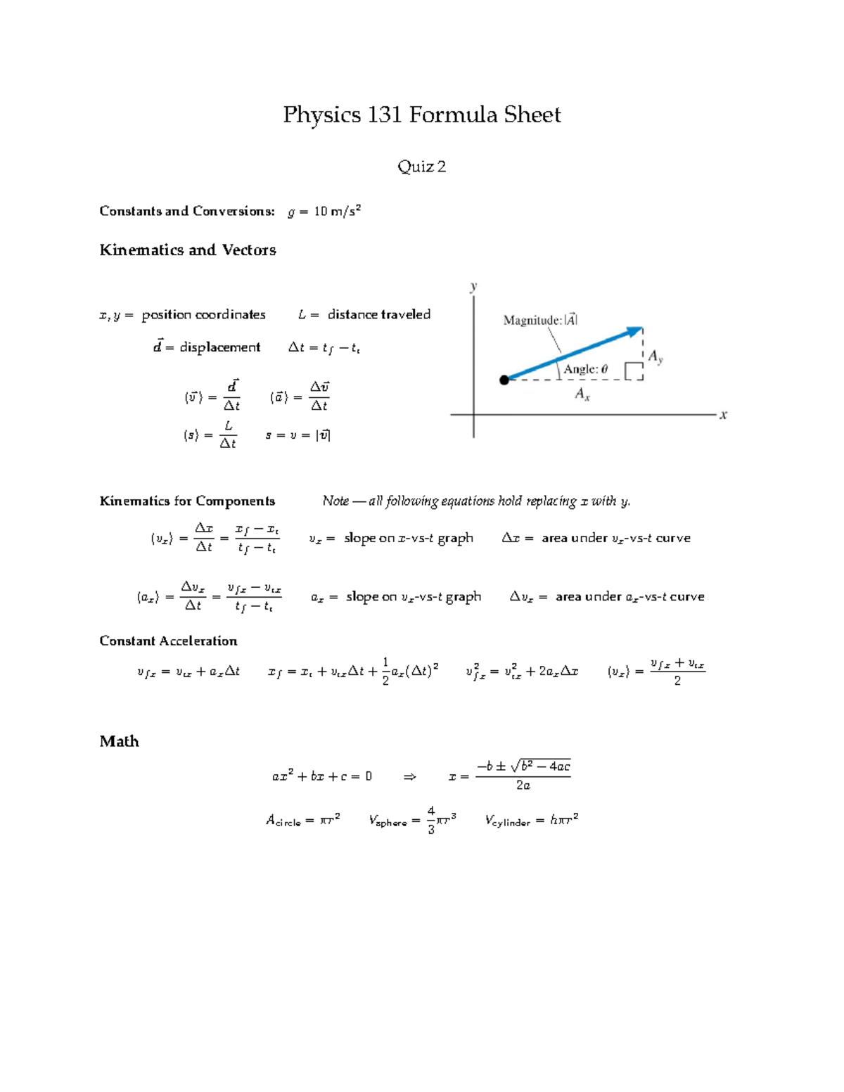 Formulas quiz 2 - CHeat-Sheets - Physics 131 Formula Sheet Quiz 2 ...