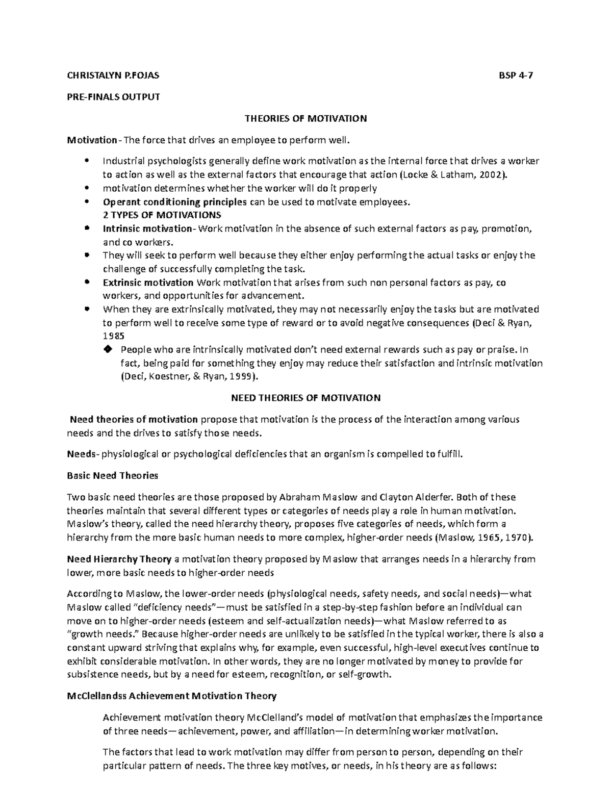 PRE Finals I-O Psychology Reviewer 1 - CHRISTALYN P BSP 4- PRE-FINALS ...
