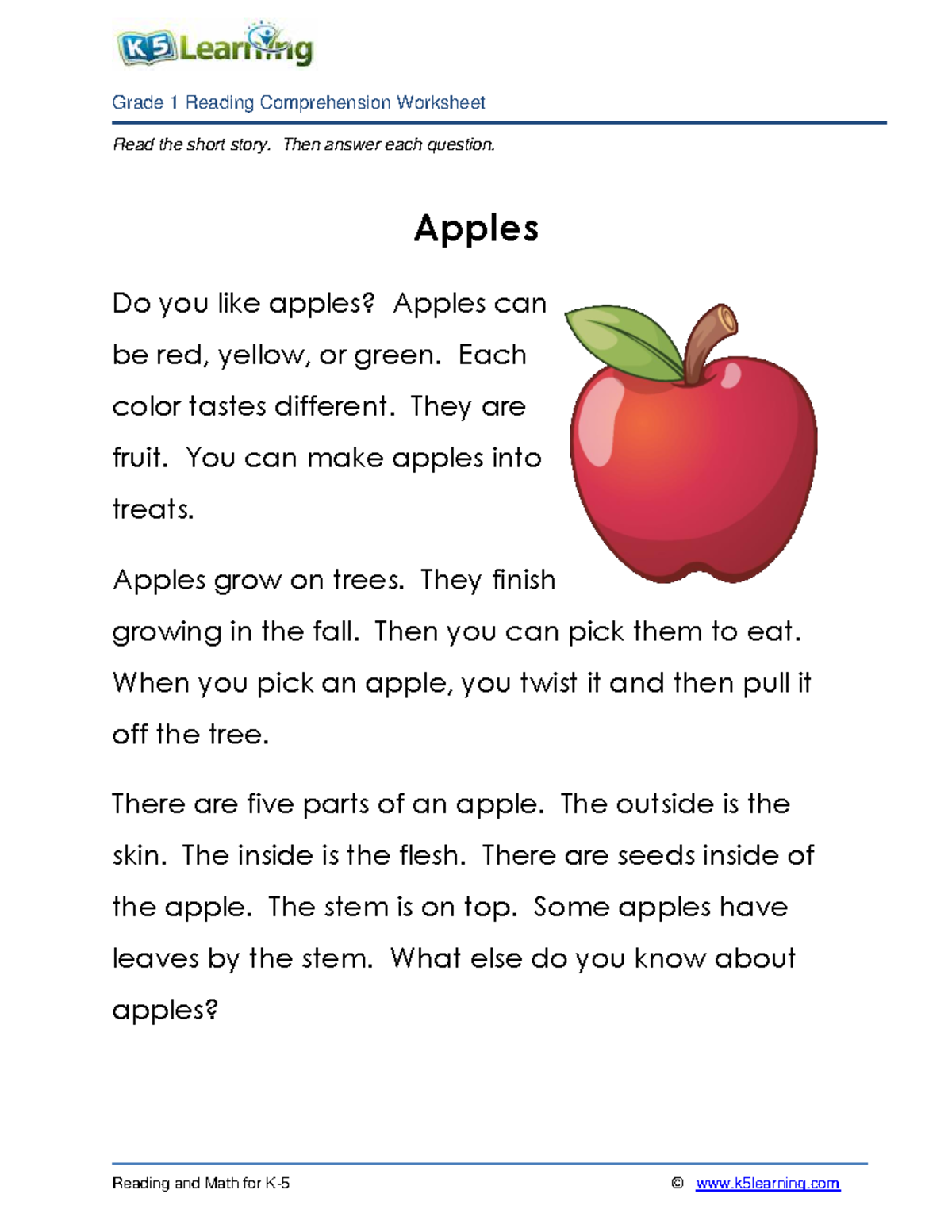 1st grade 1 reading apples - Grade 1 Reading Comprehension Worksheet ...
