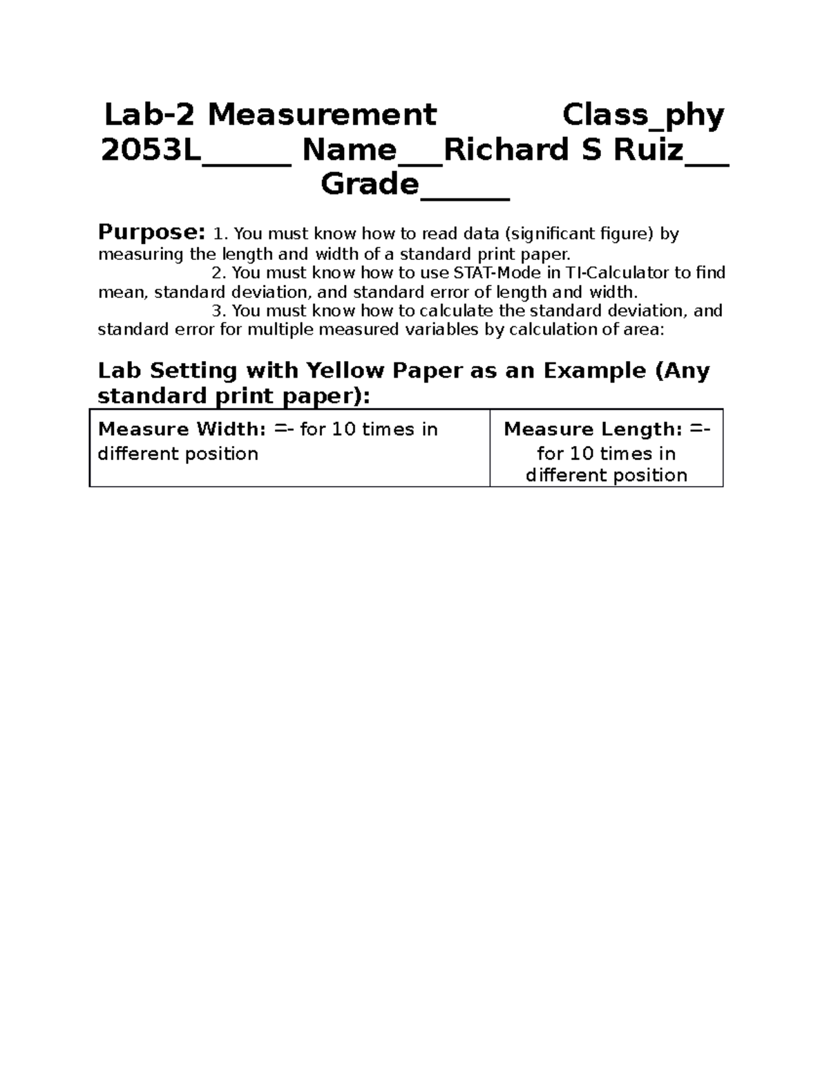Supplementary to physics week 2 lab. Provides basic lay out - PHY2020 ...