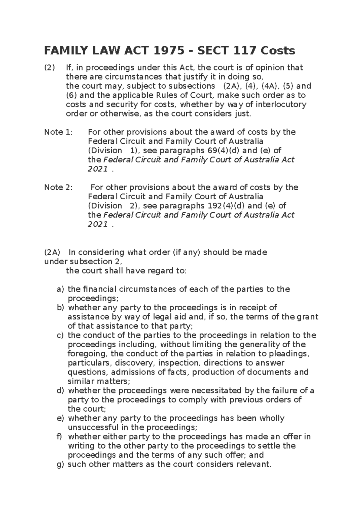 Costs orders - FAMILY LAW ACT 1975 - SECT 117 Costs (2) If, in ...
