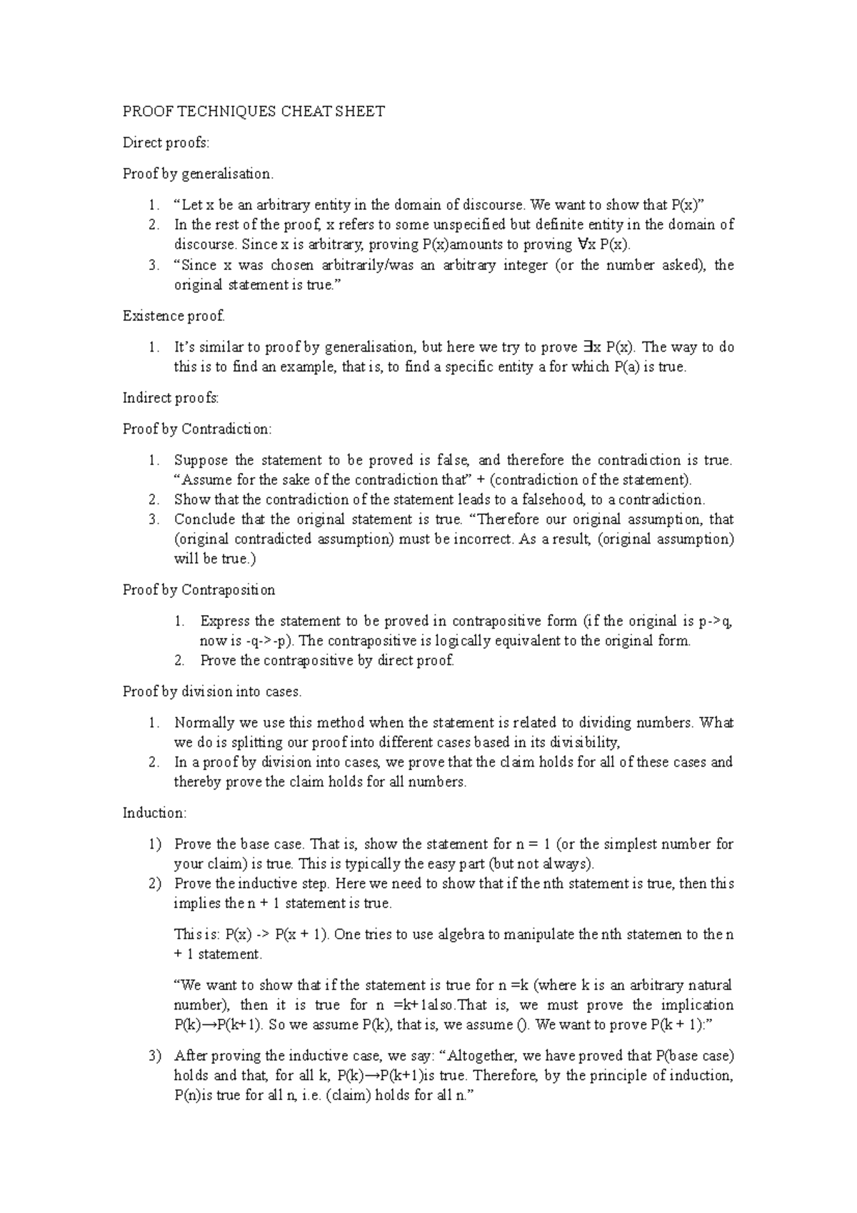 Proofs Techniques Theory - PROOF TECHNIQUES CHEAT SHEET Direct proofs ...
