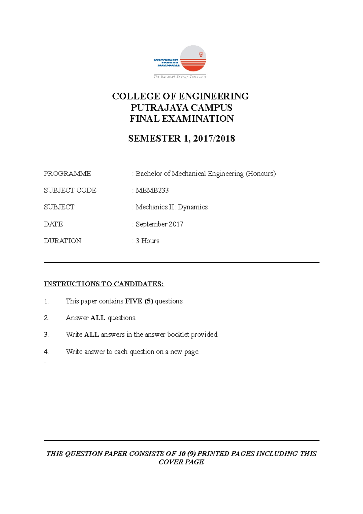 Final Exam, questions - COLLEGE OF ENGINEERING PUTRAJAYA CAMPUS FINAL ...