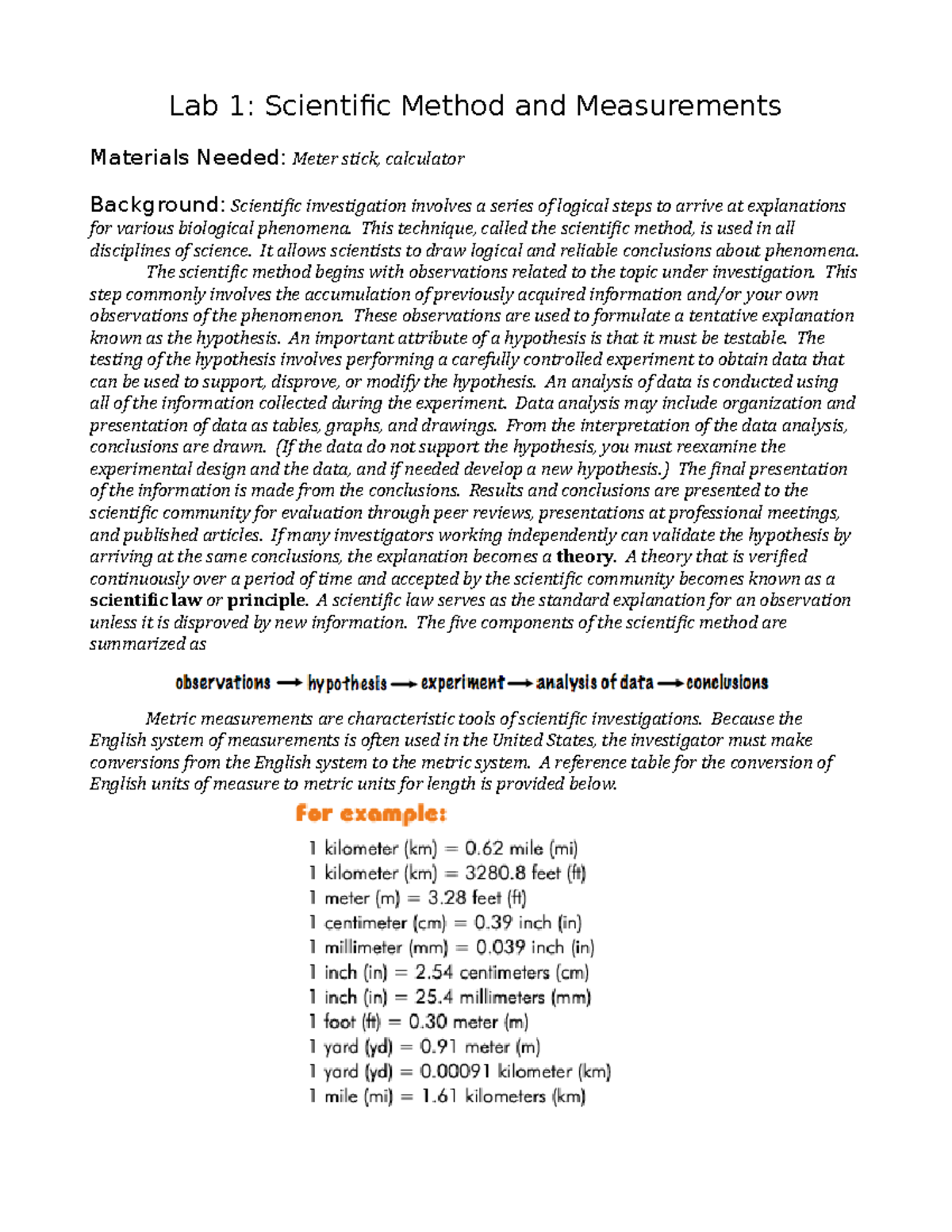 Lab 1 anatomy and physiology - Lab 1: Scientific Method and ...