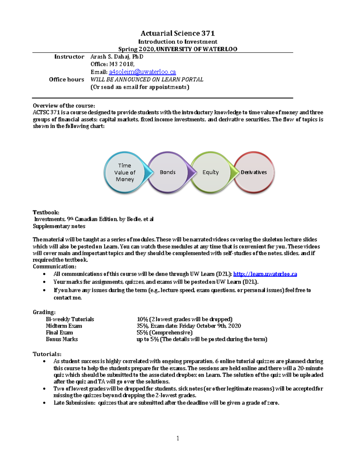 Course Outline - good - 1 Actuarial Science 371 Introduction to ...