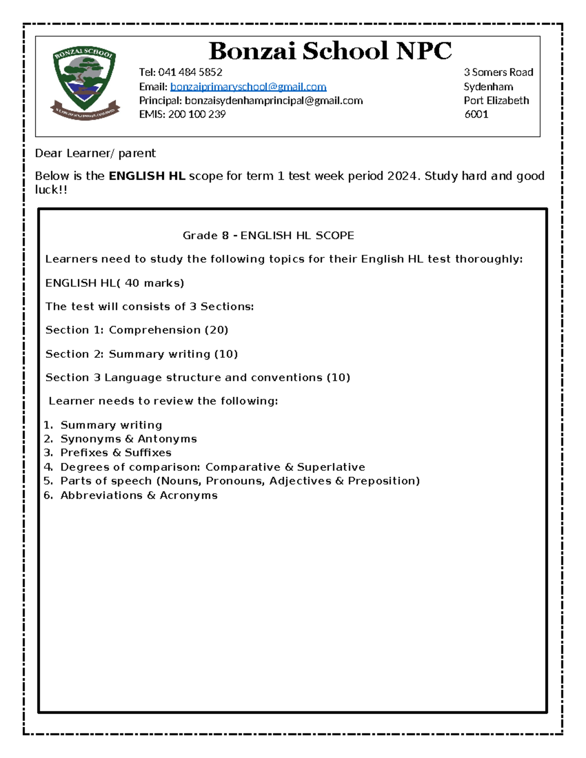 Scope 2024 English T1 - Notes - Dear Learner/ parent Below is the ...