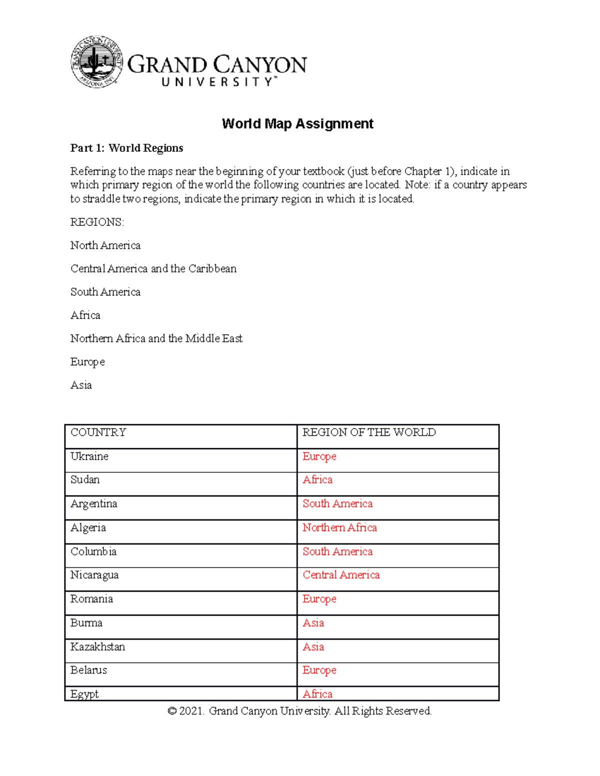 World map worksheet - World Map Assignment Part 1: World Regions ...