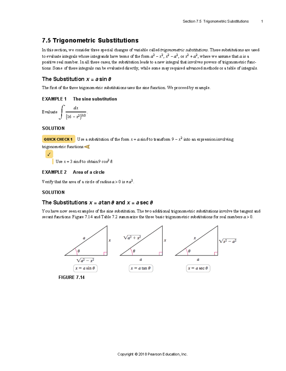Lesson Notes. Section 7.5. Trigonometric Substitutions - 7 ...