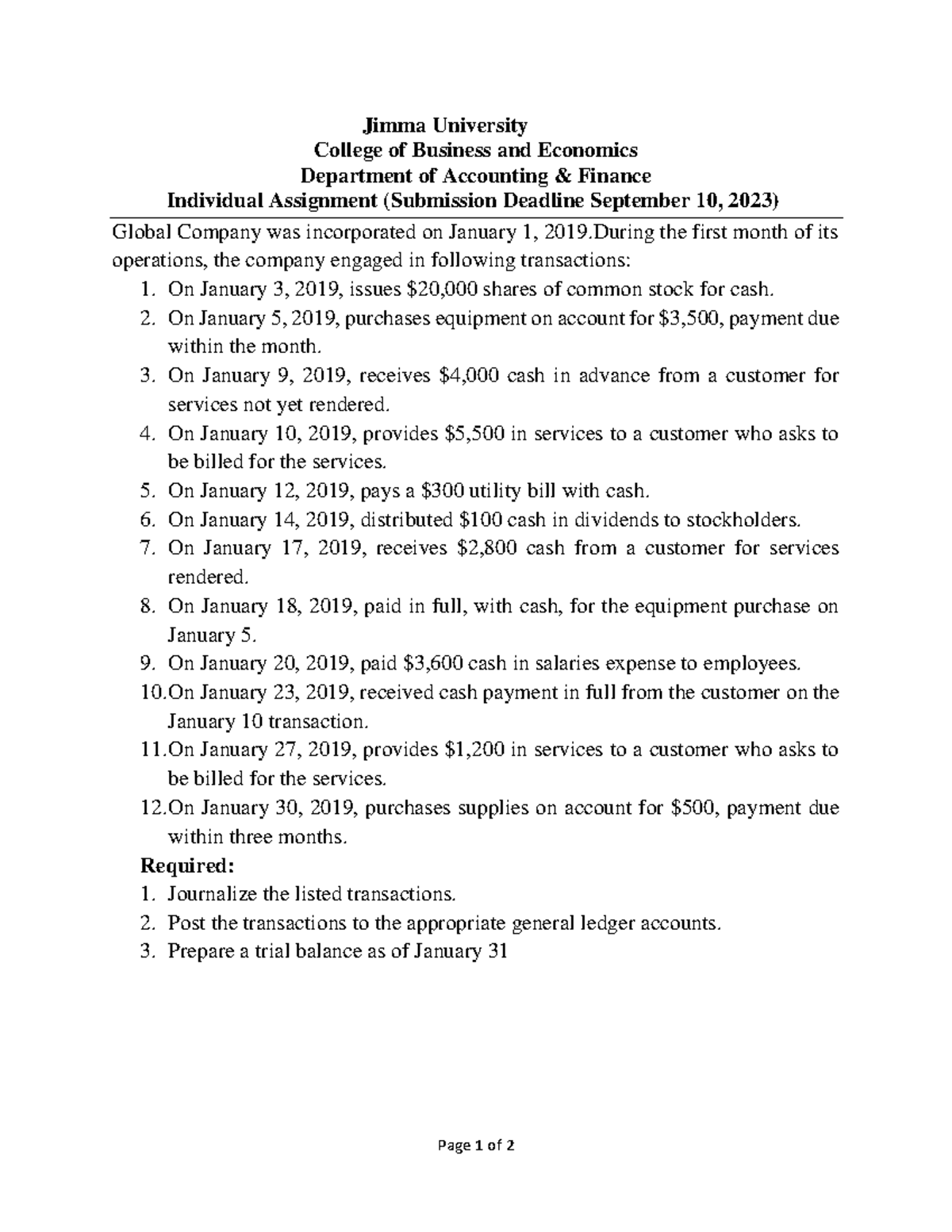 Assignment For Accounting Students - Page 1 of 2 Jimma University ...