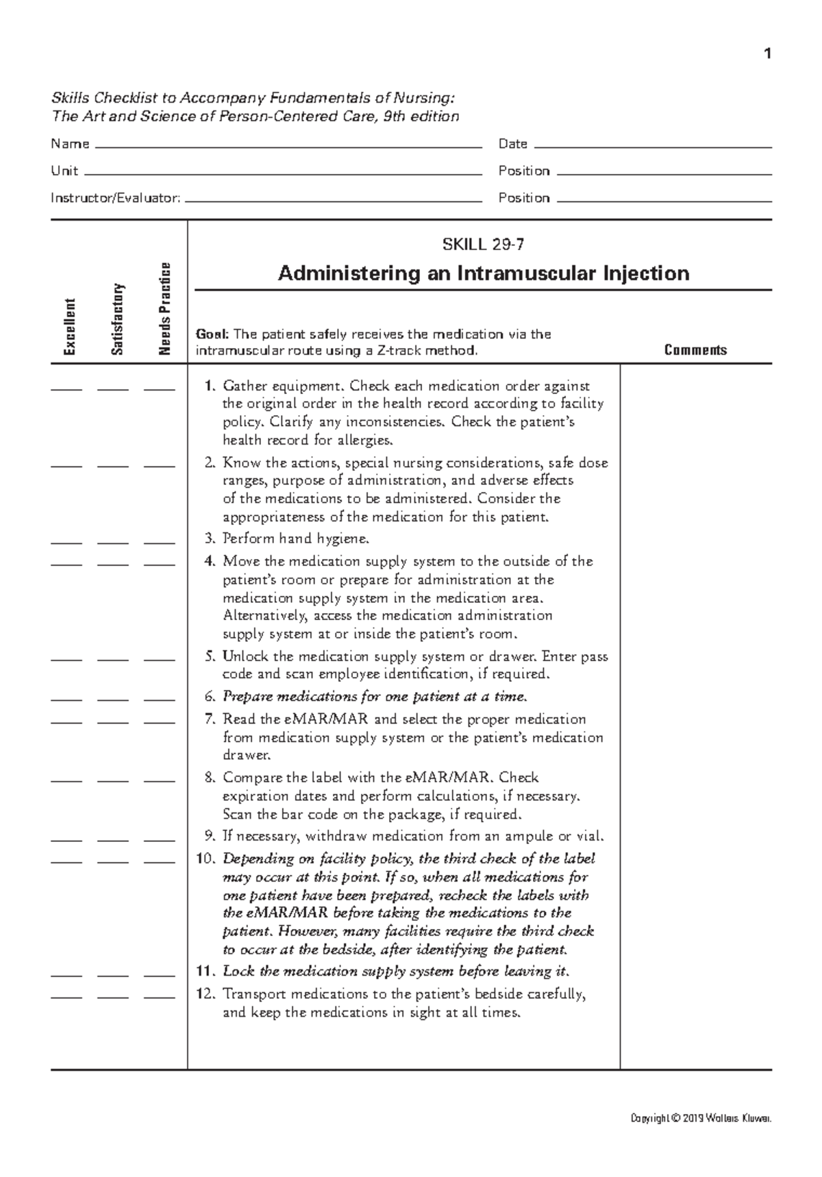 Intra Muscular (IM) Injections - 1 Skills Checklist to Accompany ...