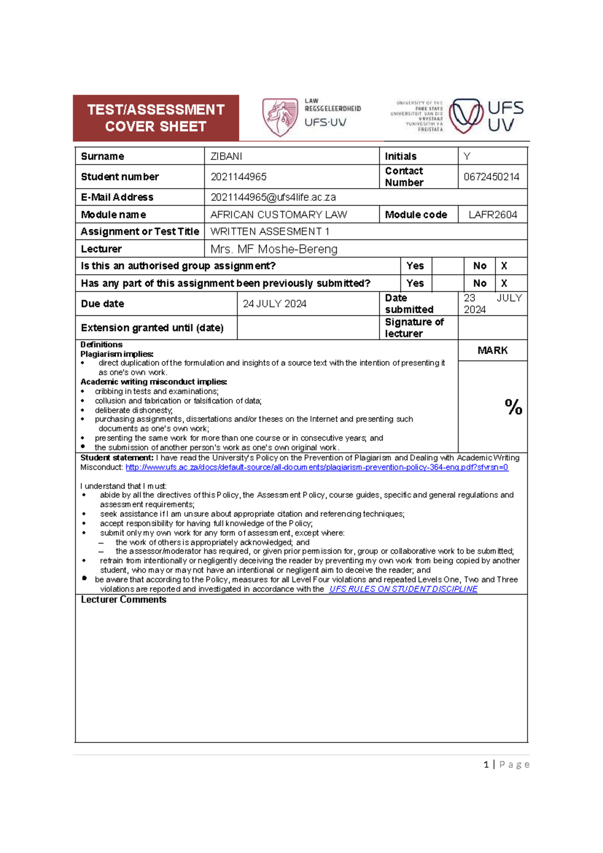 Cover PAGE Assignment 1 - TEST/ASSESSMENT COVER SHEET Surname ZIBANI ...